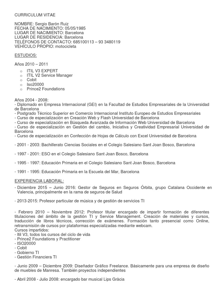 Sergio Baron Curriculum Vitae | PDF | Itil | Barcelona