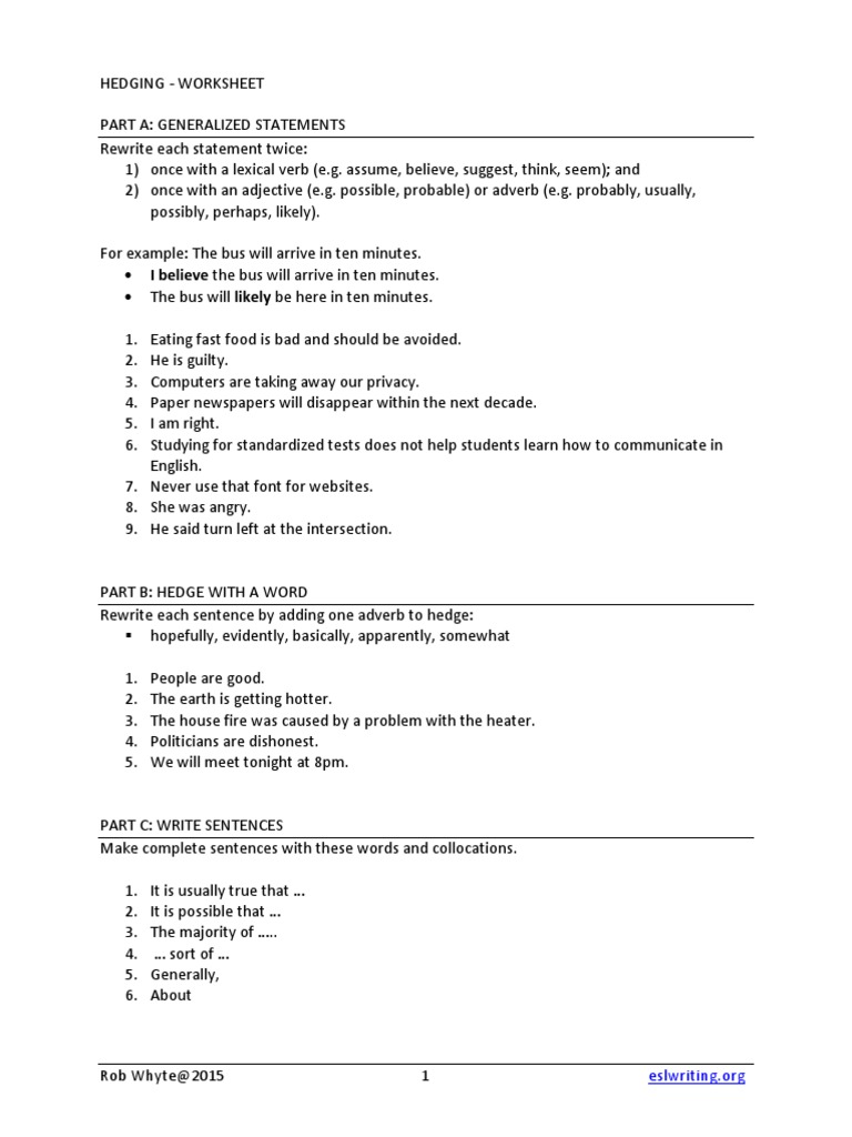 Hedge Worksheet 1 | PDF | Verb | Adverb