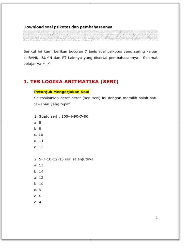 Soal Psikotes Dan Pembahasannya 1. TES LOGIKA ARITMATIKA (SERI) - PDF ...