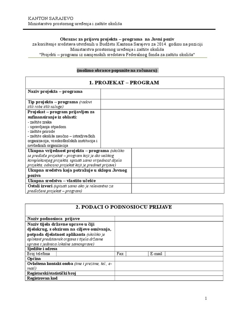 Obrazac Za Prijavu Projekta-Programa | PDF
