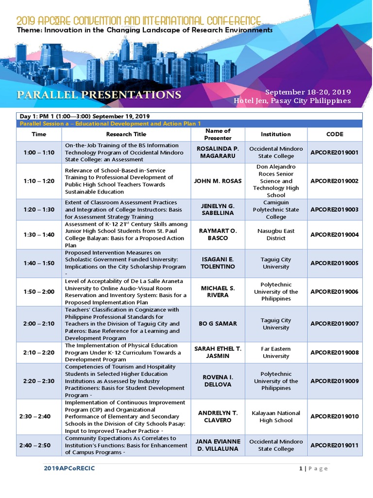2019 APCORE Parallel Session Schedule - Day 1 and Day 2 | PDF ...