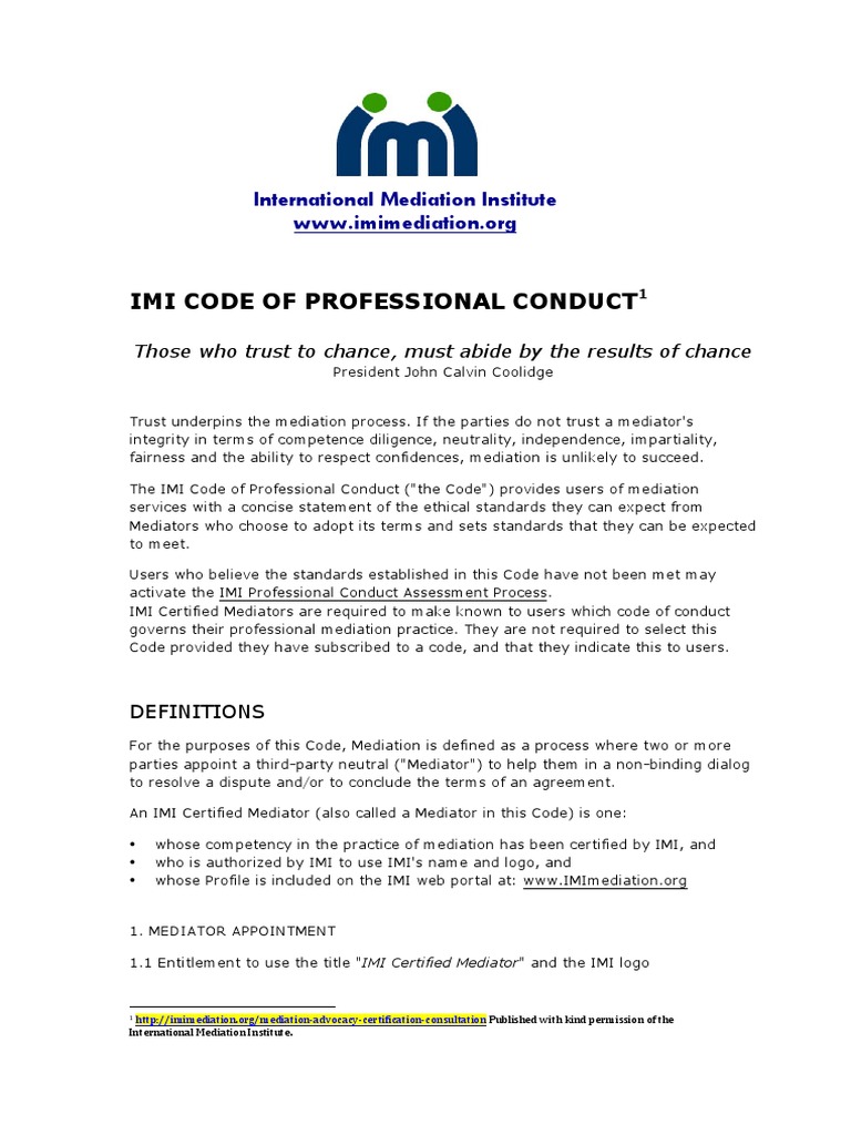 IMI's Code of Professional Conduct | PDF | Mediation | Confidentiality