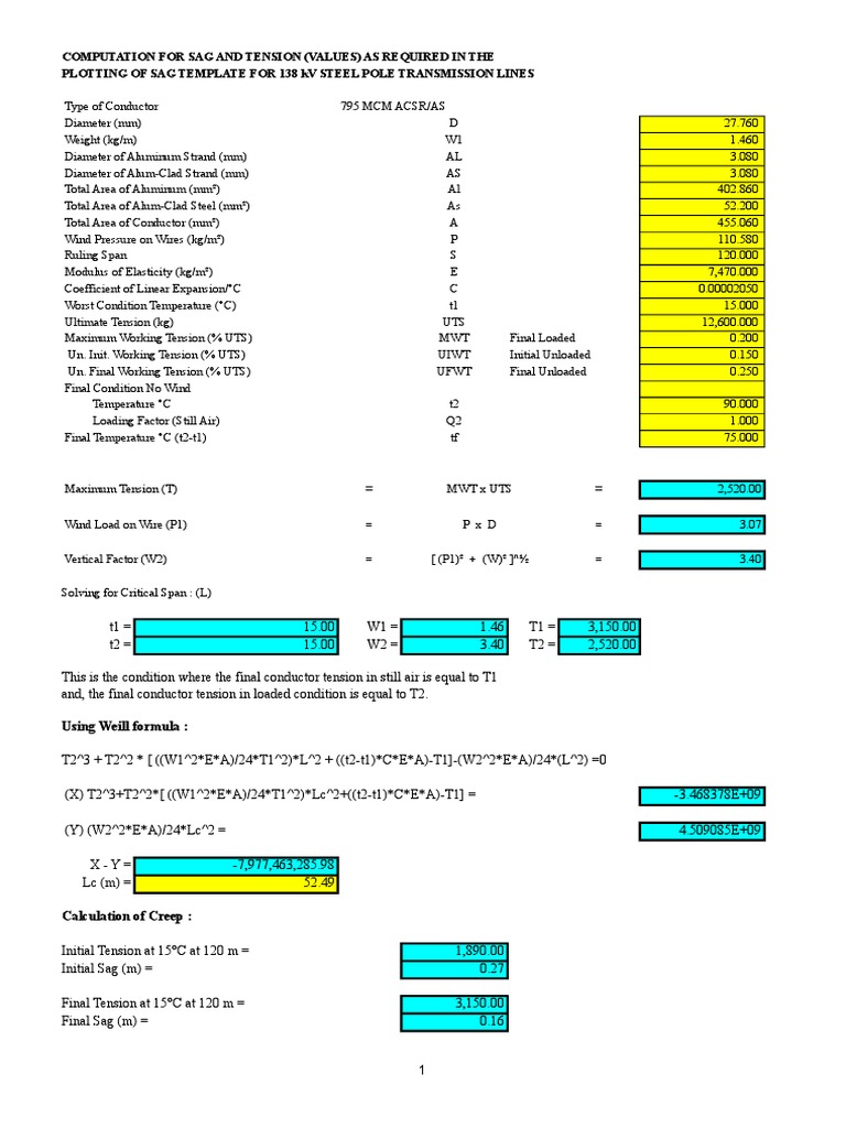 Sag and Tension Calculation for 138 kV Lines | PDF | Physical ...