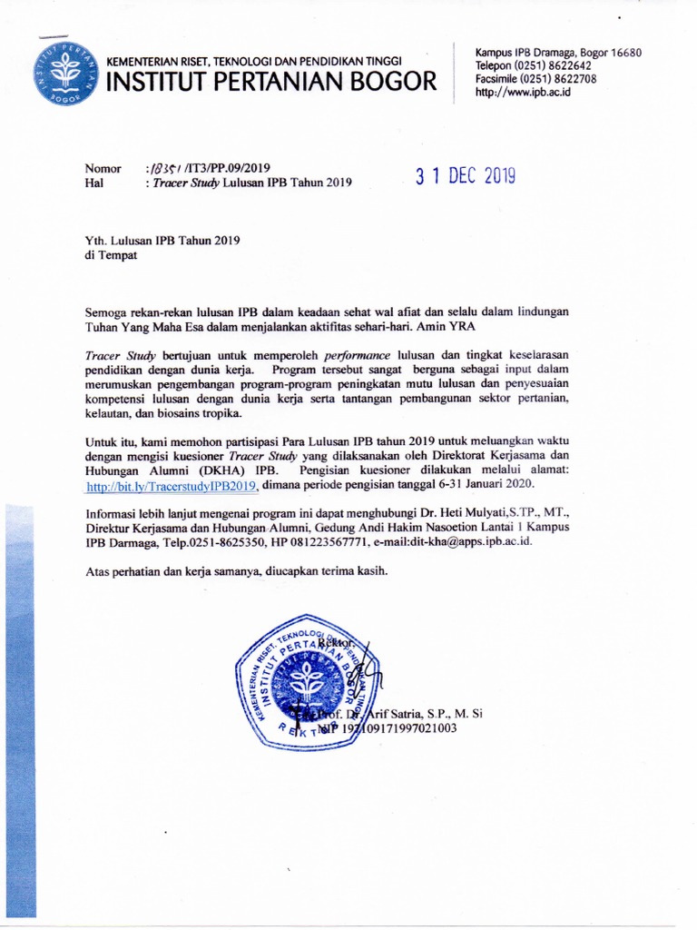 Surat Pengantar Rektor - Tracer Study Lulusan IPB Tahun 2019 PDF | PDF