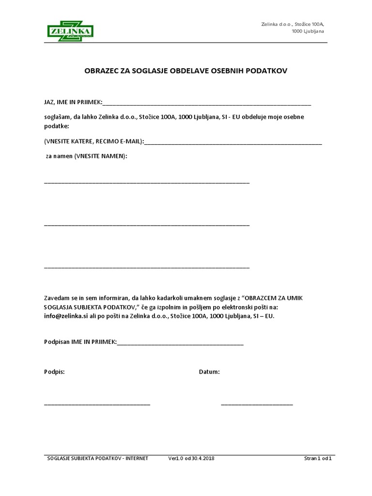 Obrazec Za Soglasje Obdelave Osebnih Podatkov | PDF