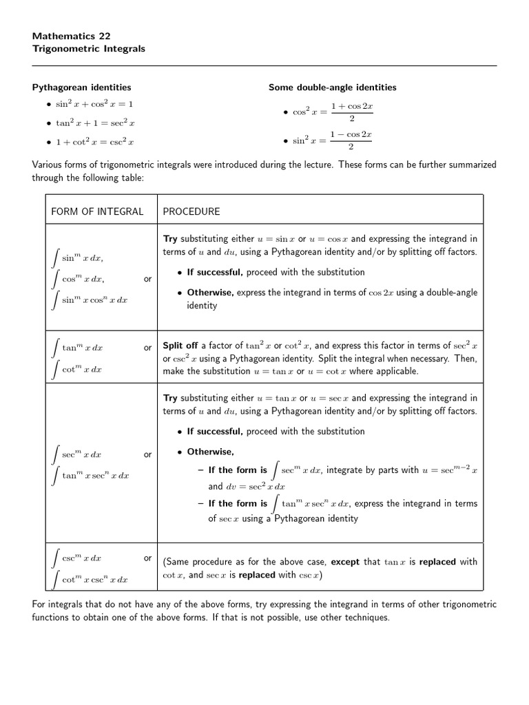 Math 22 Discussion Handout - Trig Integrals | PDF | Trigonometric ...