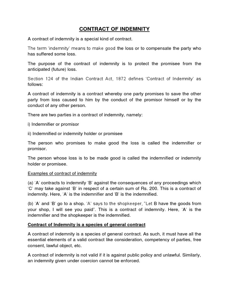 Contract Of Indemnity Pdf Indemnity Damages