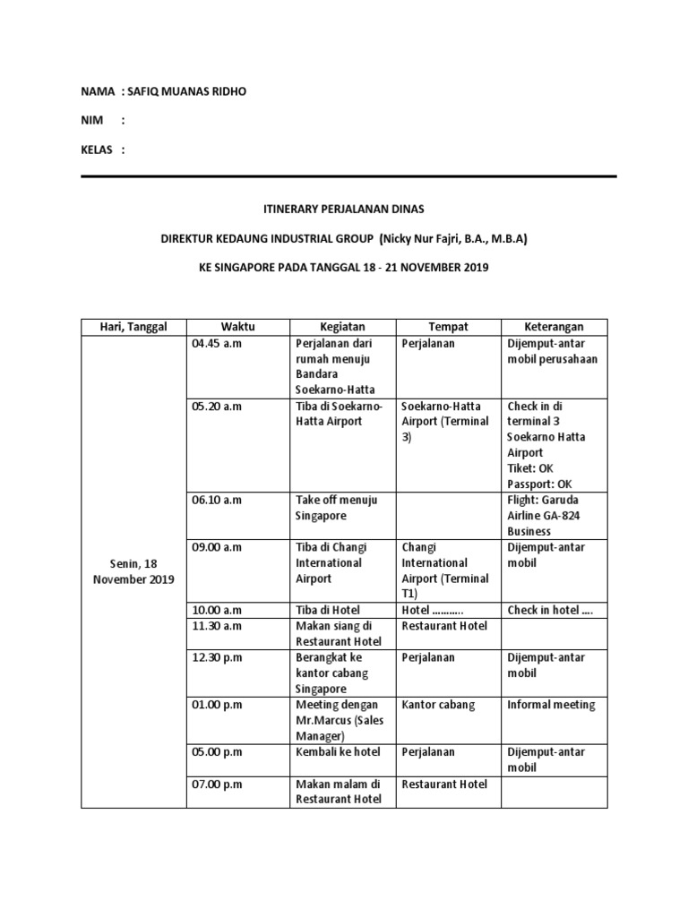 Contoh Itinerary Perjalanan Dinas Luar Negeri | PDF