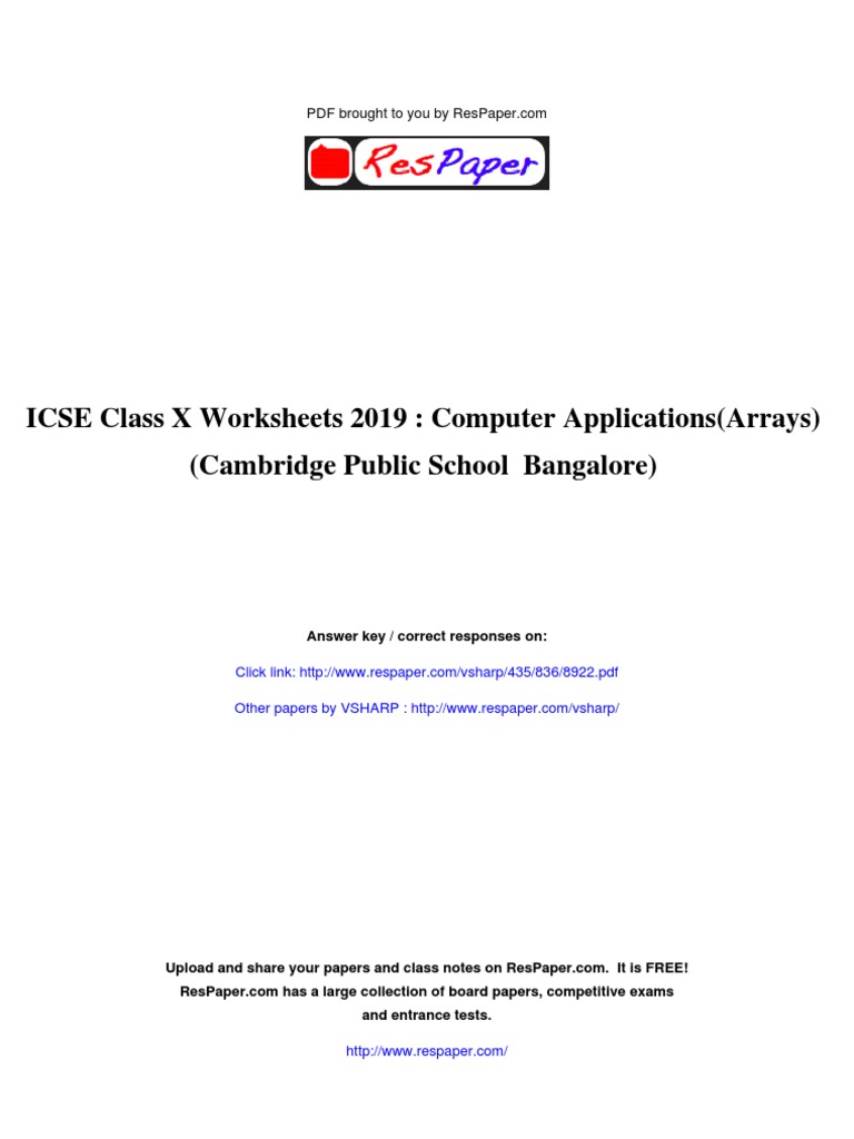 ResPaper ICSE Class X Worksheets 2019 Computer Applications (Arrays) | PDF ResPaper ICSE Class X Worksheets 2019 Computer Applications (Arrays) | PDF