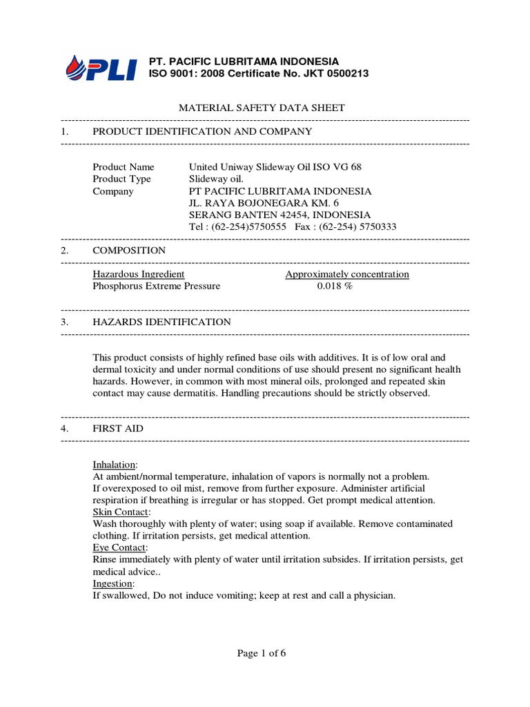 MSDS Slideway Oil Iso VG 68 - 031115 | Download Free PDF | Toxicity ...