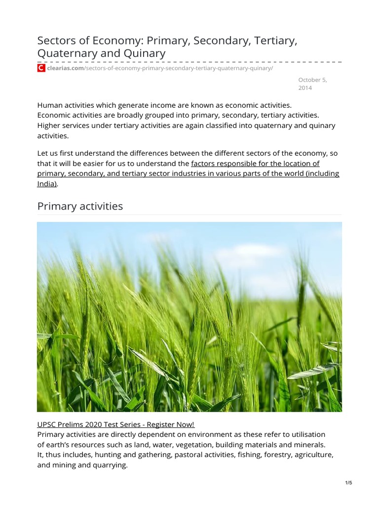 Sectors of Economy Primary Secondary Tertiary Quaternary and Quinary ...