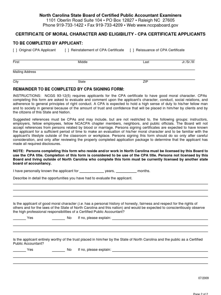 CPA Moral Character Certificate NC | PDF | Certified Public Accountant ...