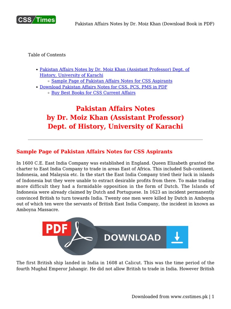 Pakistan Affairs Notes by Dr. Moiz Khan (Download Book in PDF | PDF ...