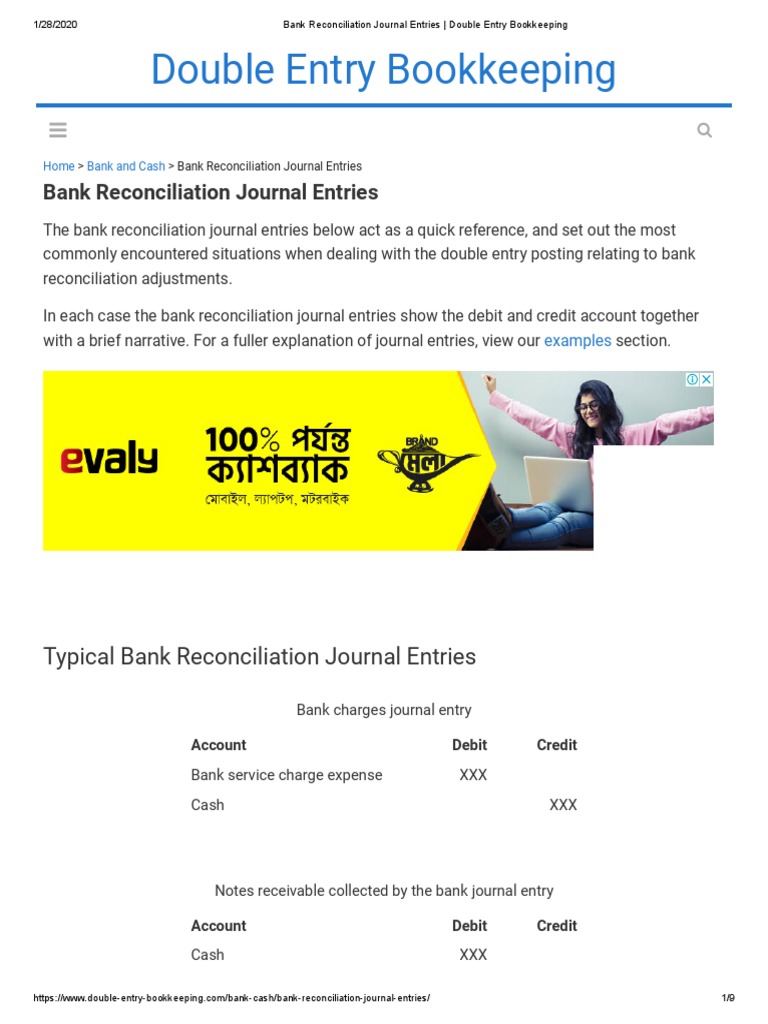 Bank Reconciliation Journal Entries - Double Entry Bookkeeping | PDF ...