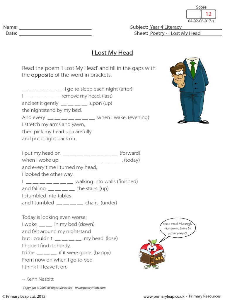 ILost My Head Worksheet | PDF