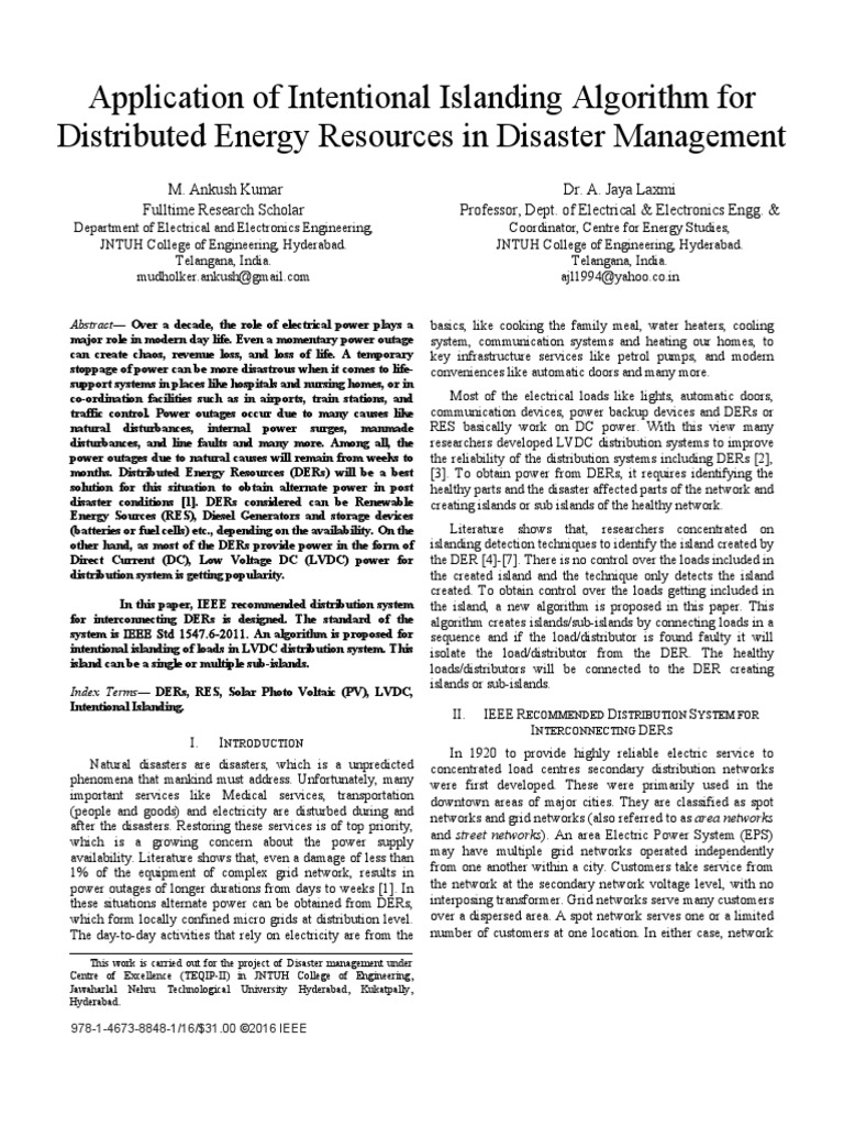 Application of Intentional Islanding Algorithm For Distributed Energy Resources in Disaster ...