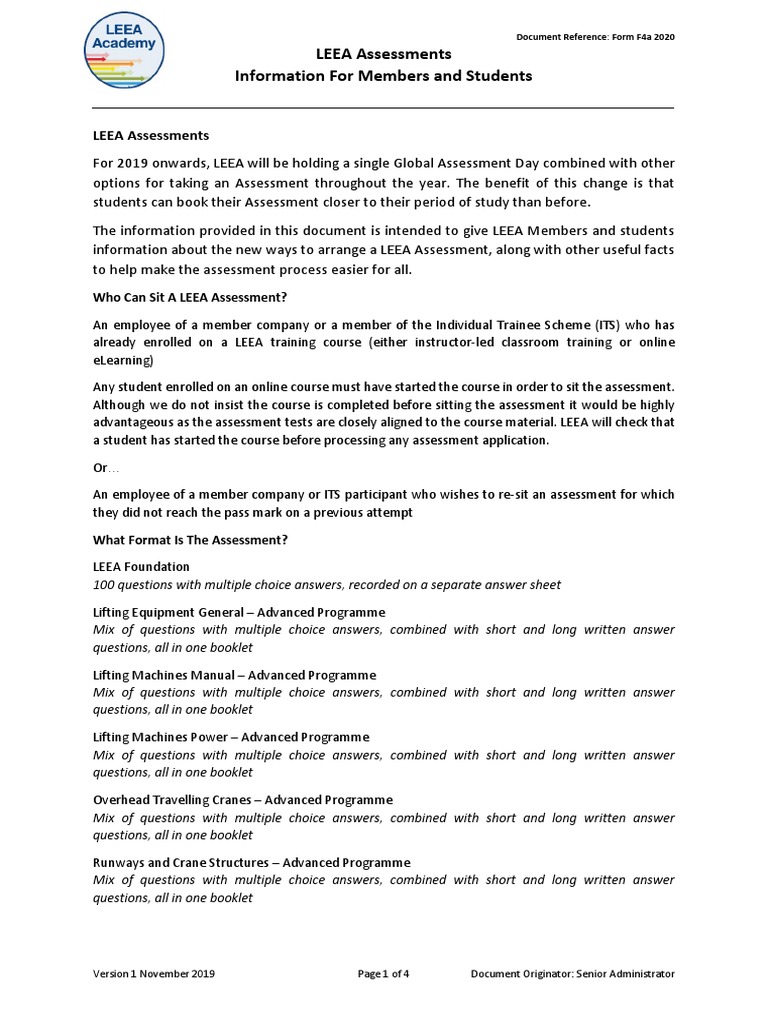F4a 2020 LEEA Assessments - Information For Members Students Nov 2019 ...
