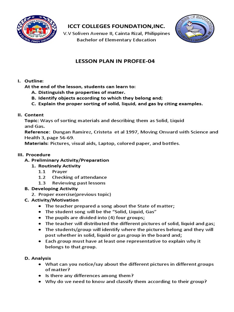 Lesson Plan in Profee04 | PDF | Lesson Plan | Matter