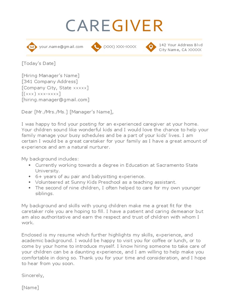 Sample Cover Letter For Caregiver