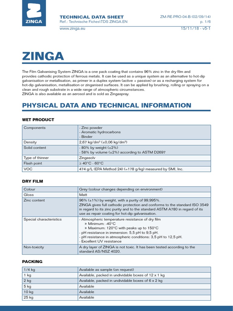 TDS Zinga En-2018 | PDF | Galvanization | Paint