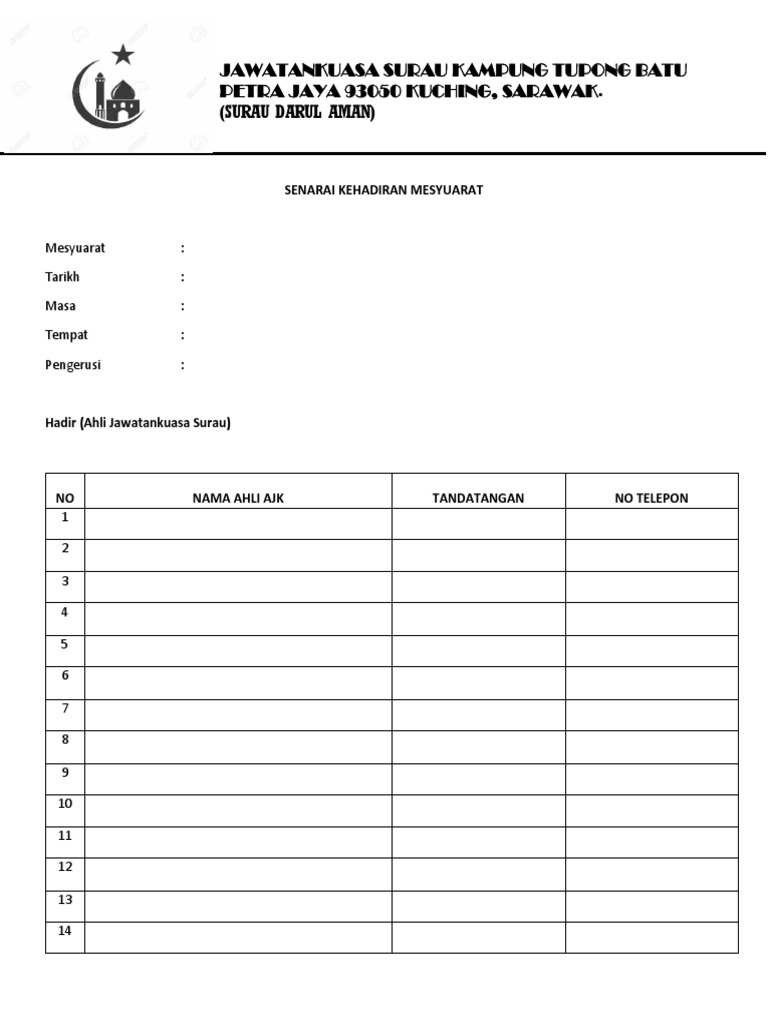 Borang Kehadiran Ajk Surau 1 Pdf