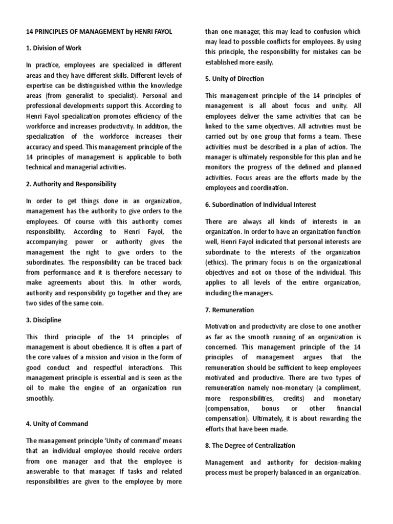"Henri Fayol's 14 Management Principles" | PDF | Bureaucracy | Max Weber