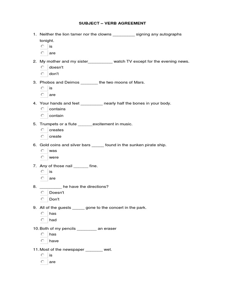 SUBJECT VERB Agreement Quiz | PDF