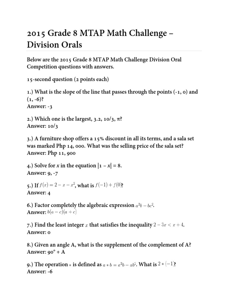 Grade 8 MTAP Math Challenge Division Orals 2015 PDF | PDF ...