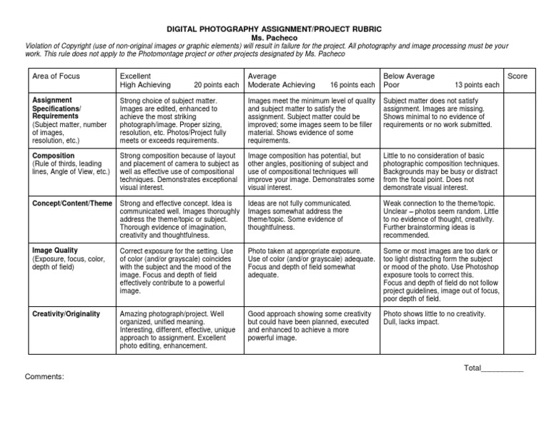Photography Project Evaluation Rubric | PDF | Composition (Visual Arts ...
