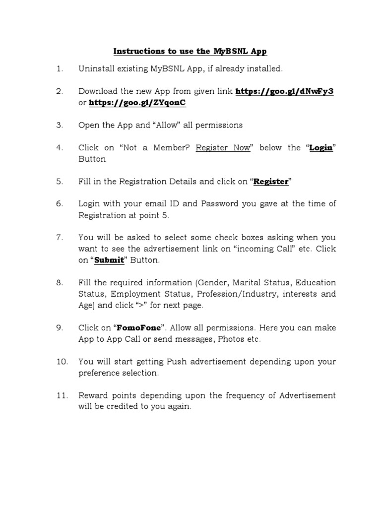 Instructions To Use The MyBSNL App | PDF