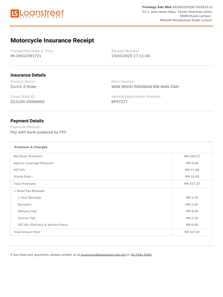 Motorcycle Insurance Receipt | PDF | Receipt | Insurance