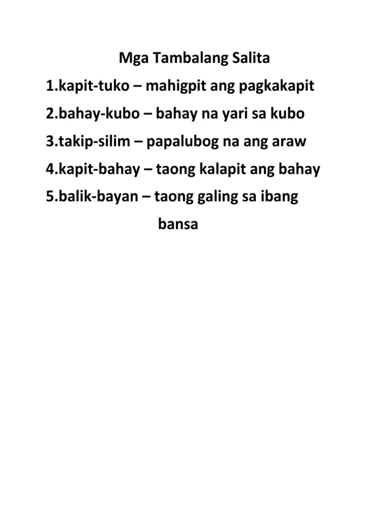 Mga Kahulugan Ng Tambalang Salita