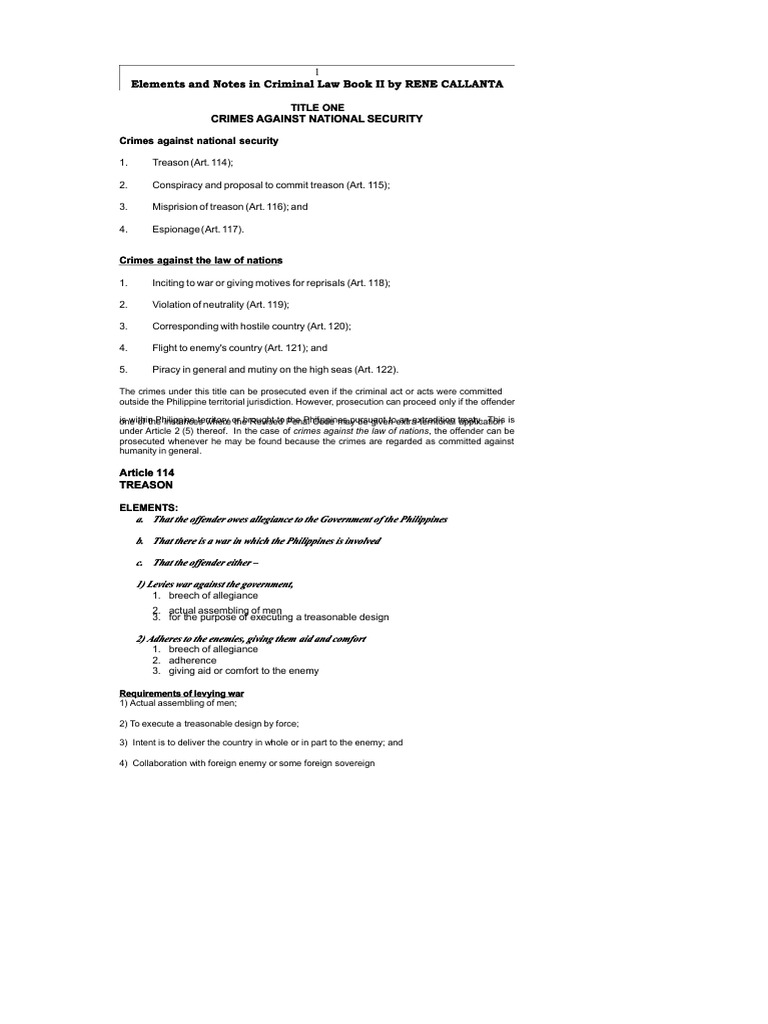 Callanta Notes Crim 2 PDF | PDF | Treason | Law Enforcement
