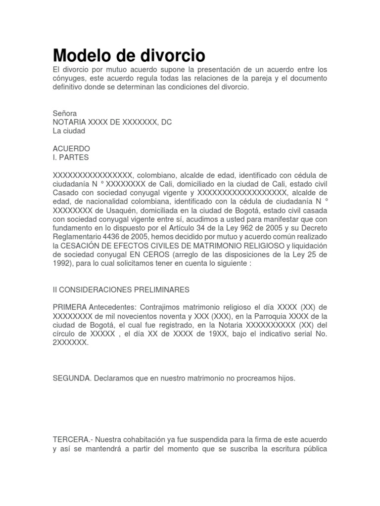 Modelo de Divorcio Mutuo Acuerdo | PDF | Divorcio | Propiedad de la comunidad