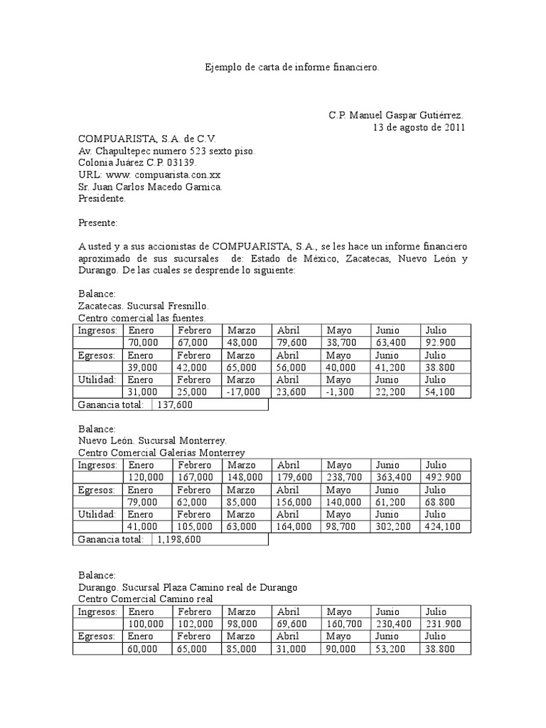 Ejemplo de Carta de Informe Financiero | PDF
