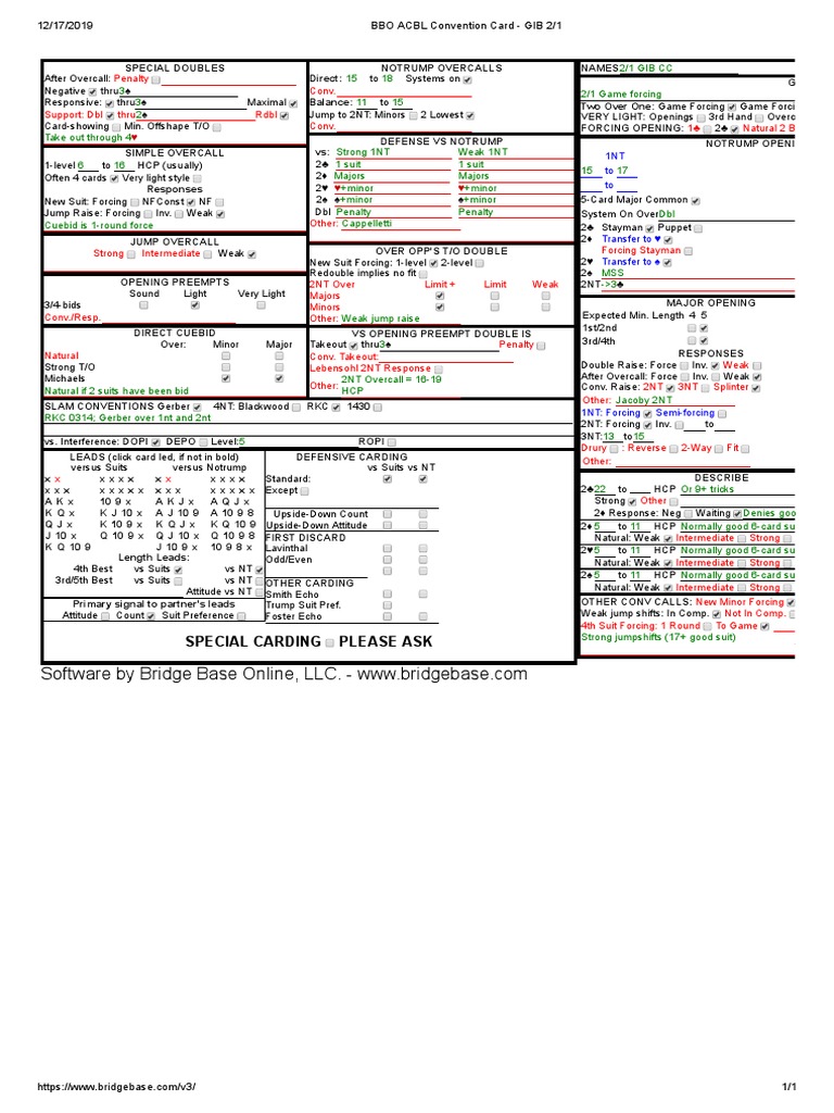 BBO ACBL 2/1 Convention Card Guide | PDF | Contract Bridge | Leisure