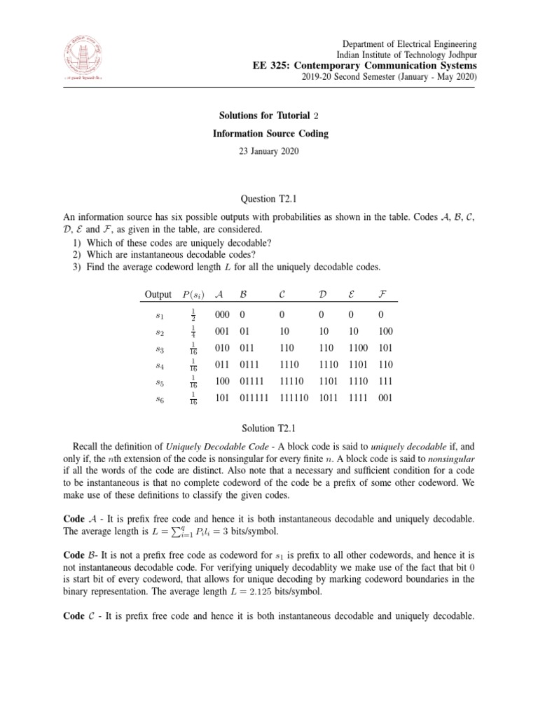 EE325 Contemporary CommSys Tutorial2 Solutions 2020 | PDF | Computer Data | Encodings