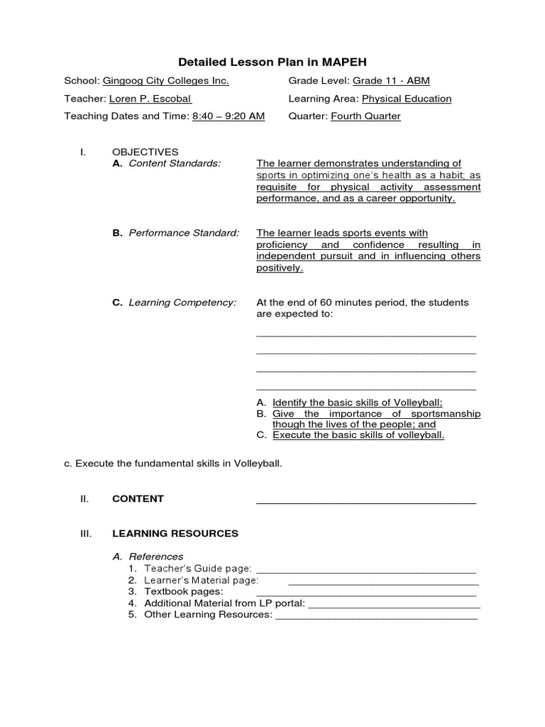 Daily Lesson Plan - Basic Skills of Volleyball | PDF | Lesson Plan | Change