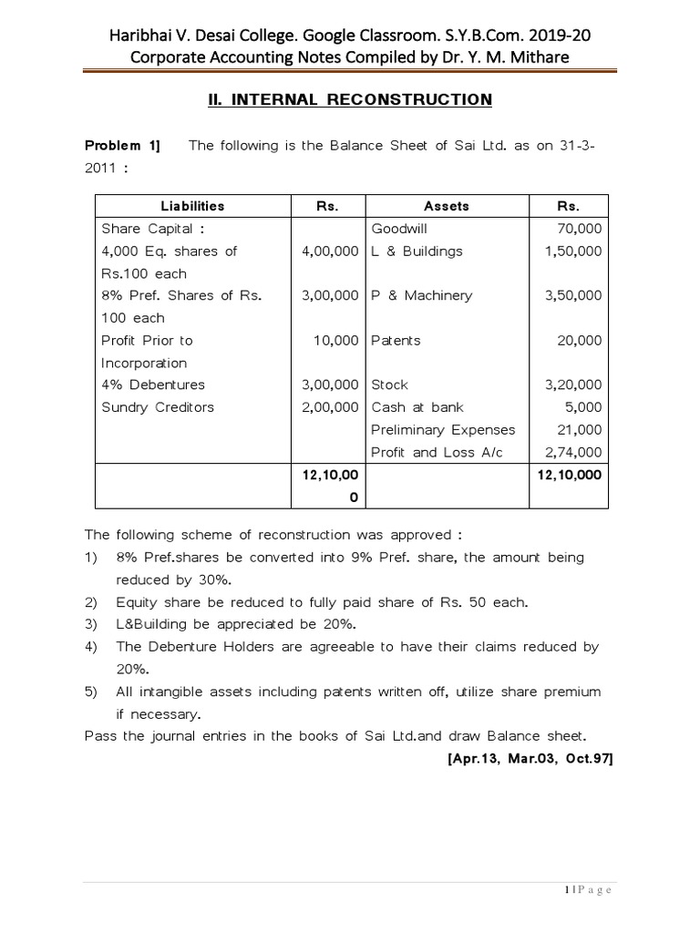Problems On Internal Reconstruction | PDF | Equity (Finance) | Balance Sheet