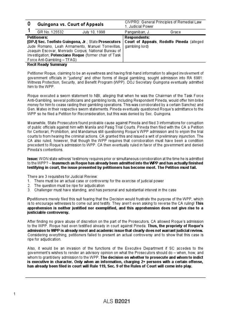 Guingona vs. CA | PDF | Case Or Controversy Clause | Prosecutor