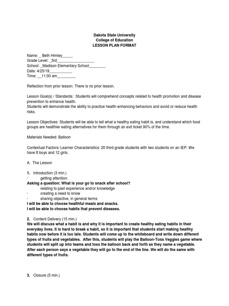 Health 420 Nutrition Lesson Plan | PDF | Healthy Diet | Lesson Plan