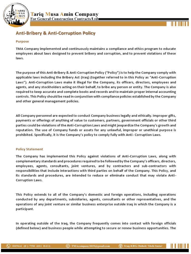 TMA Anti-Bribery & Corruption Policy | PDF | Bribery | Corruption