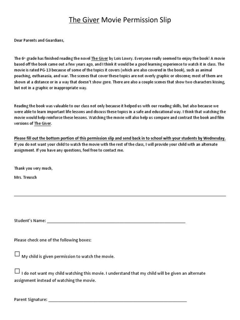The Giver Movie Permission Slip | PDF