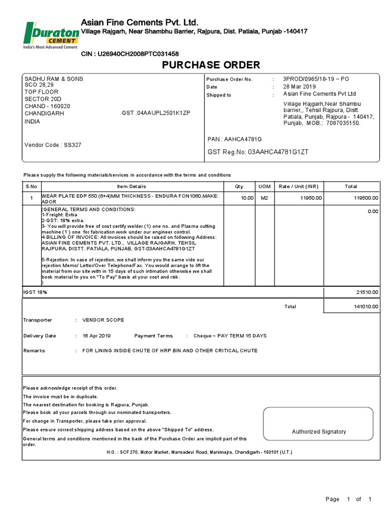Purchase Order for Cement Supplies | PDF | Business