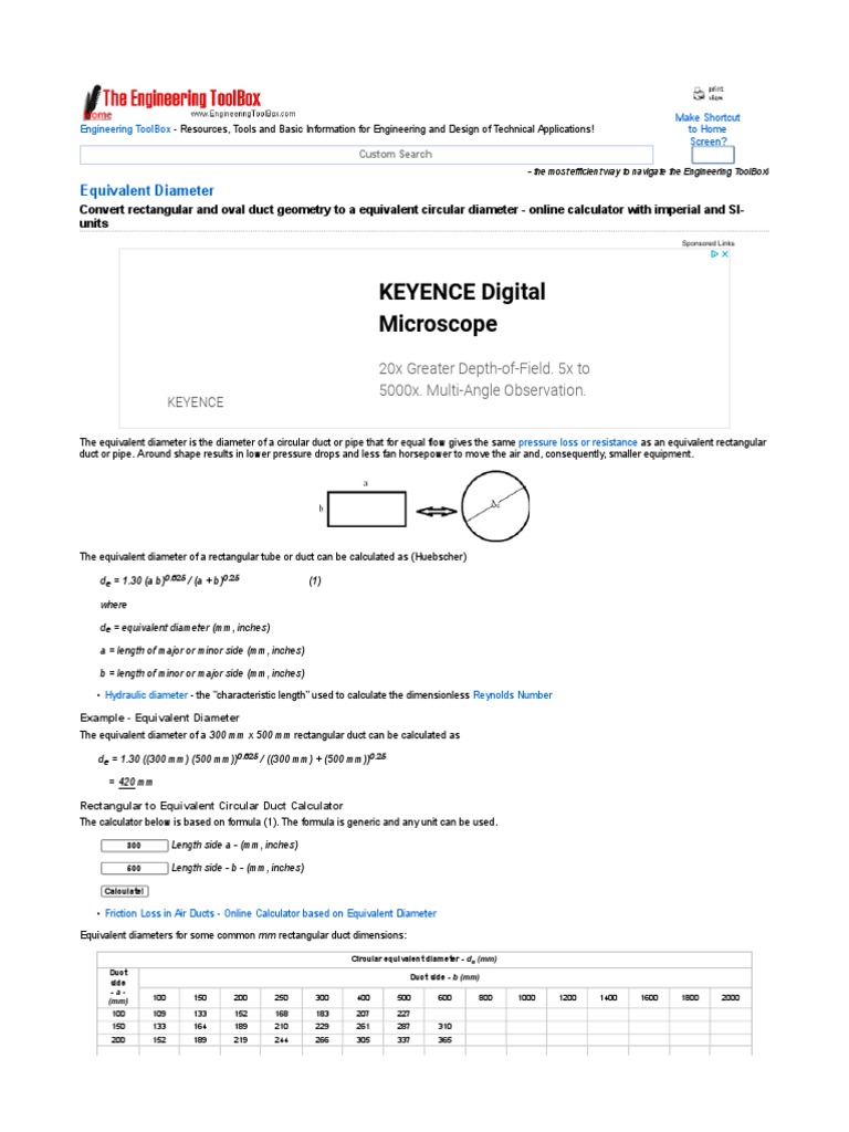 Convert Rectangular and Oval Duct Geometry To A Equivalent Circular ...