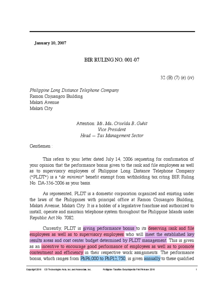 4.2 BIR Ruling No. 001-07 | PDF | Employee Benefits | Taxation In The ...