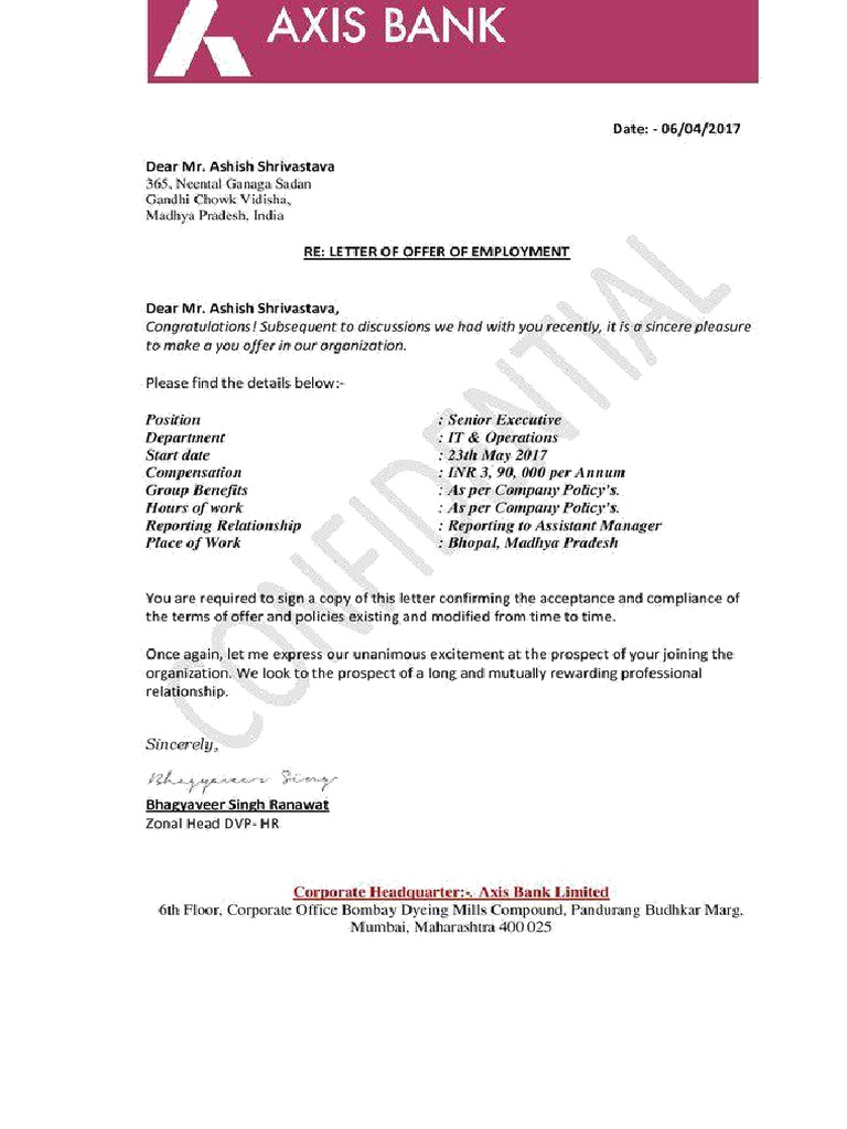 Axis Bank Joining Letter | PDF