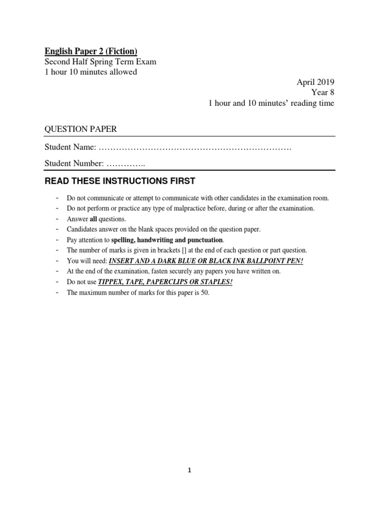 Year 8 English Paper 2 Exam 2019 | PDF | Writing | Communication