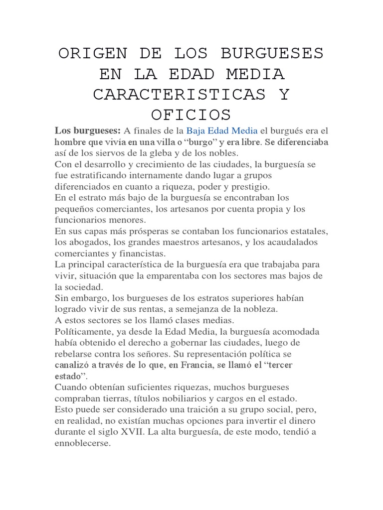 Origen de Los Burgueses en La Edad Media Caracteristicas y Oficios ...