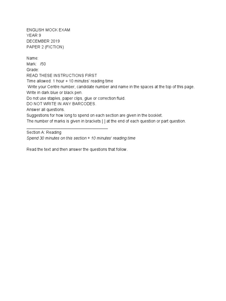 English Paper 2 Practice Exam Fiction Y9 | PDF | Writing | Cognition